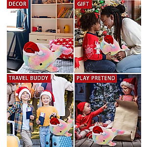 DolliBu Santa Extra Large Rainbow Whale Stuffed Animal Plush Toy - Wild Animal Dress Up with Red Santa Claus Hat, Wildlife Gift, Perfect Holiday with Name Personalization - 15 Inches