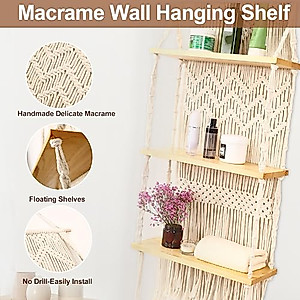 JIUXQT 3 Tier Macrame Shelf Wall Hanging Boho Shelf Decor Floating Shelves Wood Hanging Mounted Flotantes Farmhouse Bohemian Living Room Decor Bedroom Home Decoration Kitchen Storage