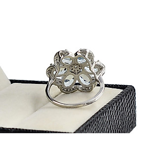 March Birthstone Natural 7X5 MM Oval Cut Aquamarine & Small White Topaz Gemstone 925 Sterling Silver Cluster Ring Wedding Jewelry Women Ring Gift For Her (Rhodium Plated Silver, 7)