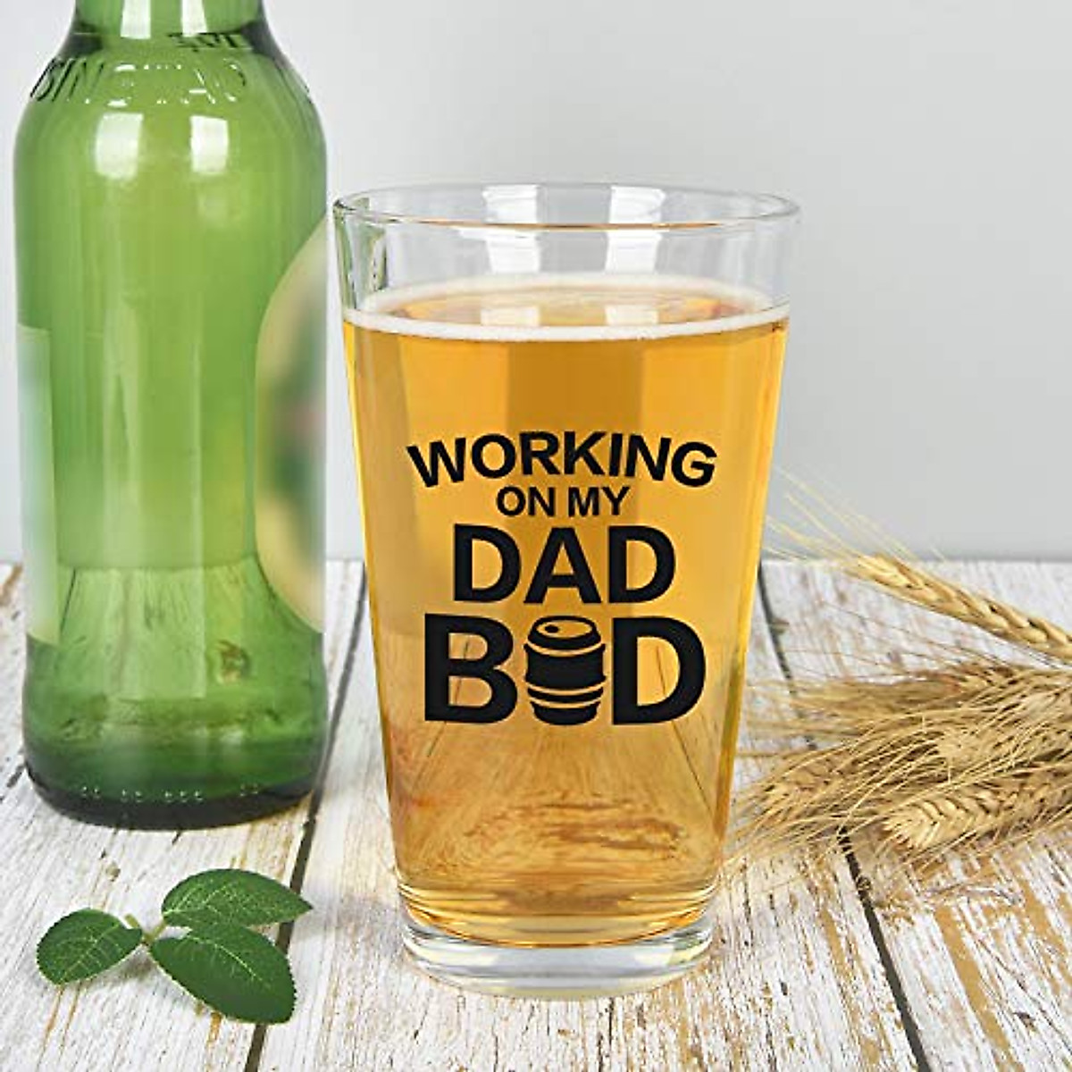 Funny Dad Beer Glass, Working on My Dad Bod Pint Beer Glass for Dad, New Dad, Father, Husband - Ideal Gift for Christmas, Birthday, Fathers Day from Daughter, Son, Kids, Wife, 15Oz