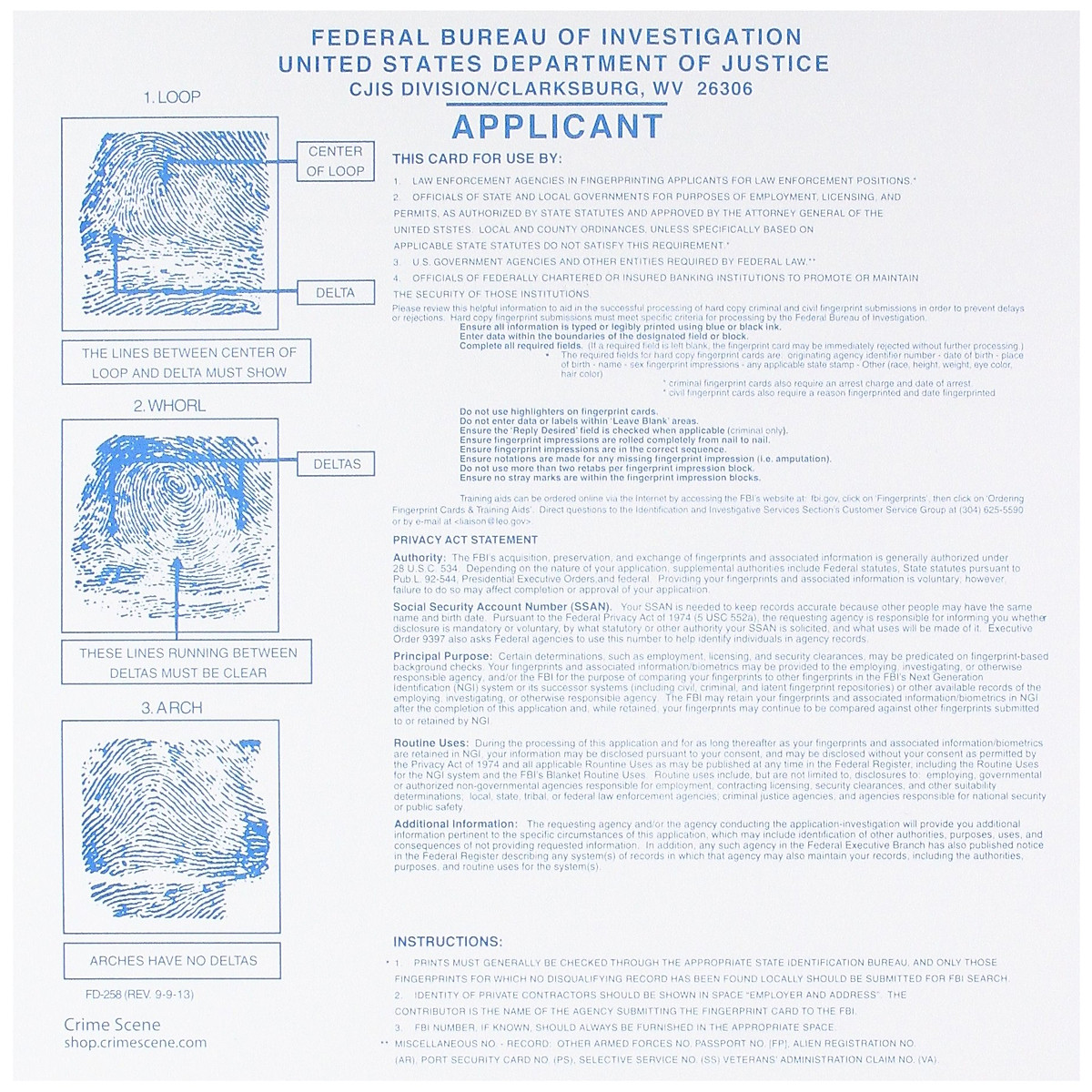 Federal Bureau of Investigation CS-10PK Fingerprint Cards, Applicant Fd-258, Pack of 10