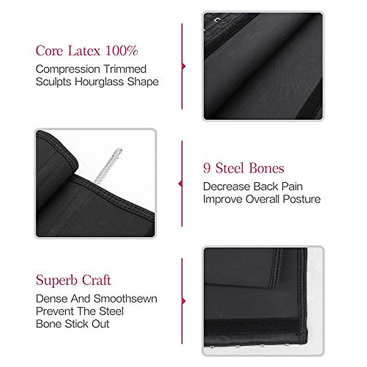 YIANNA Long Torso Waist Trainer for Women Latex Underbust Waist Corsets Cincher Hourglass Body Shaper 4 Row Hooks, (Size L, Black)