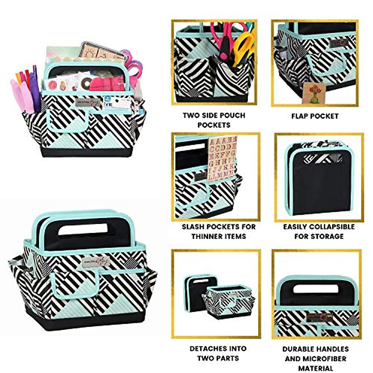 Everything Mary Teal Geometric Deluxe Store and Tote - Storage Organizer Bag for Crafts, Sewing, Paper, Art, Desk, Canvas, Supplies Storage Organization - Travel Art Box with Handle