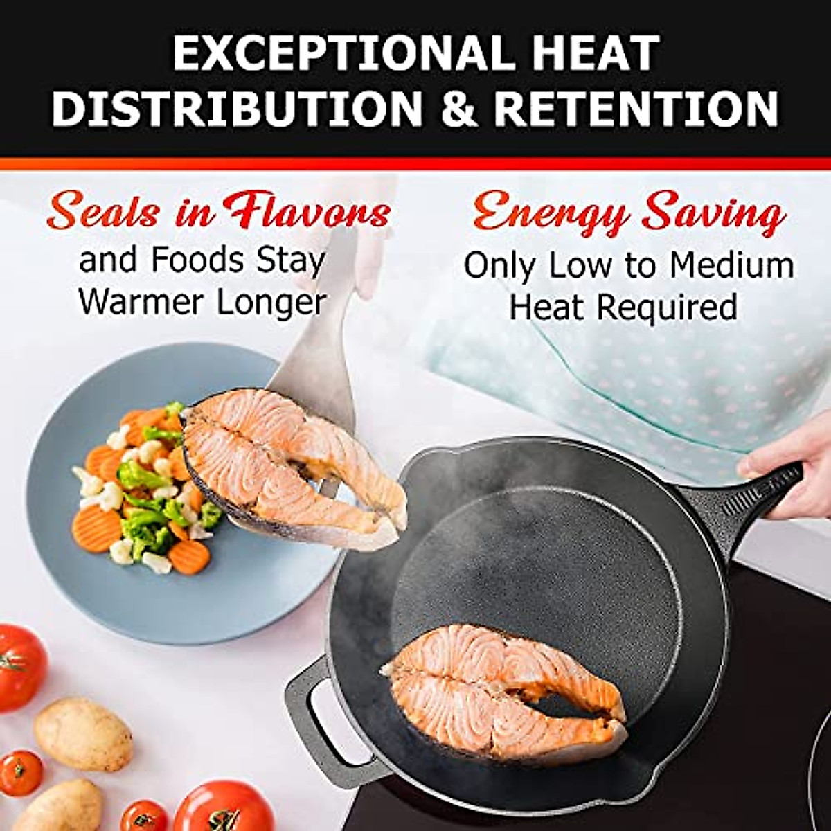 Mueller Pre-Seasoned Heavy-Duty Healthy Cast Iron Skillet 10-inch, Cast Iron Pan, Dual Handles & Dual Pouring Lips, Safe across All Cooktops, Oven, BBQ, or Campfire