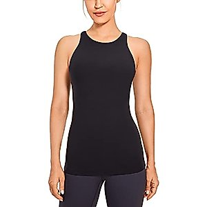 CRZ YOGA Womens High Neck Workout Tank Tops - with Built-in Shelf Bra Racerback Athletic Sports Shirts Black Medium