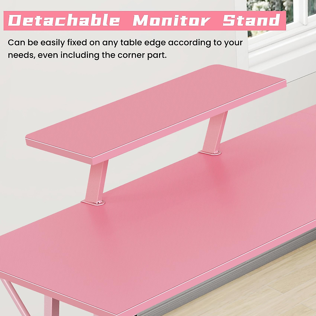 BLKMTY L Shaped Desk PC Gaming Desk Computer Desk with Monitor Stand Large Desktop Studying Executive Table Corner Desk Office Computer Table for Home Office Sturdy Writing Workstation, Pink