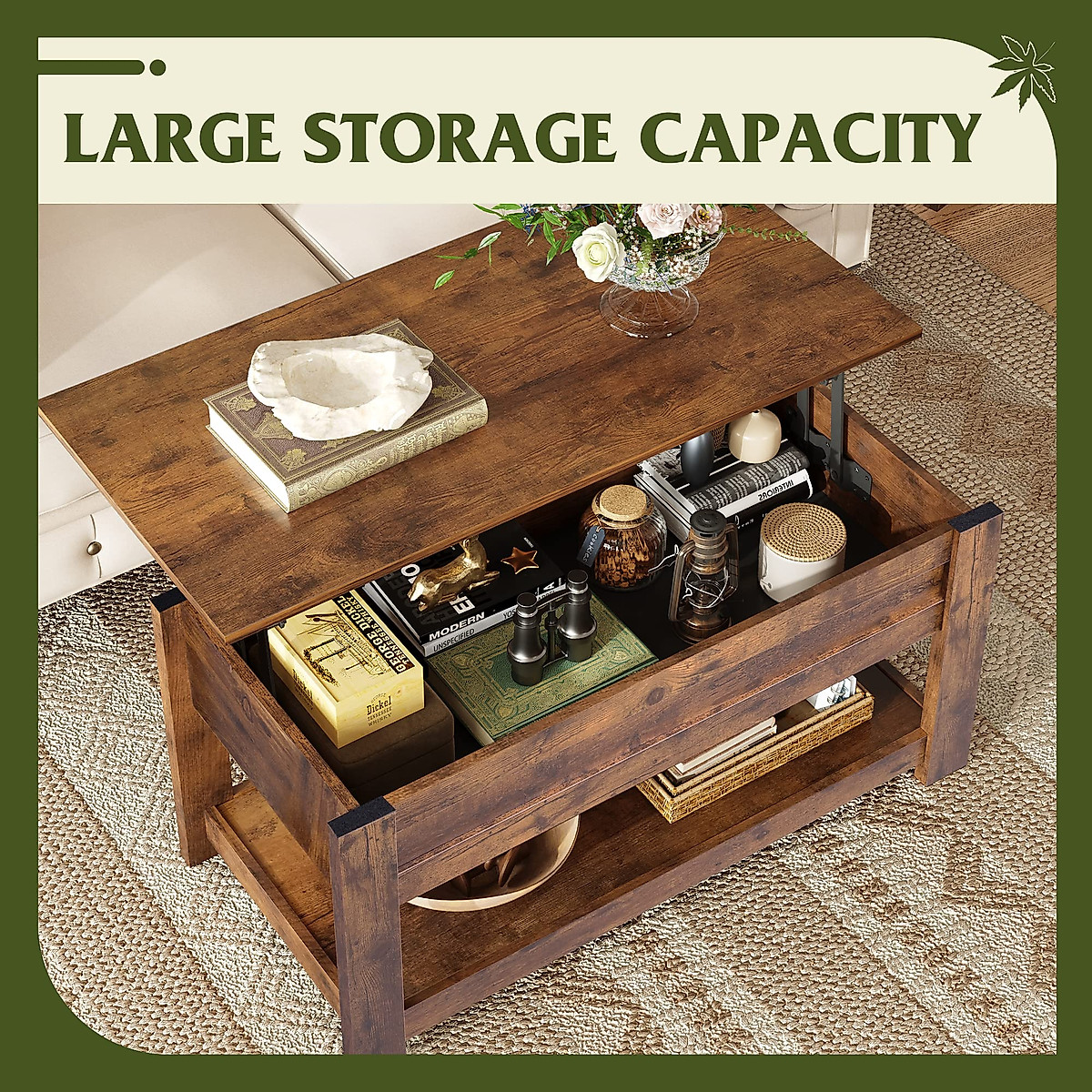 WLIVE Coffee Table, 39" Lift Top Coffee Table with Hidden Compartment and Storage Shelf for Living Room, Rustic Brown