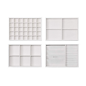 Vlando Jewelry Tray - Faux Leather Glass-top Jewelry Storage Organizer - Earring Necklace Bracelet Ring Display Desktop Drawer Chest, 4-Layer w/Clear Lid, White