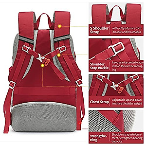 FUXINGYAO Hiking Backpack, Waterproof Lightweight Backpack, 40L Multi Compartment Outdoor Sport Camping Bag Travel Daypack for Men Woman, Red