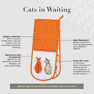 Ulster Weavers Double Oven Glove - Heat Resistant, 100% Cotton & Polyester, Machine Washable - Perfect for Cooking, Baking and Serving, Animal Theme, Cats in Waiting, Orange