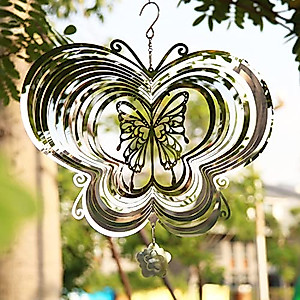 JJWANTA Large Size Hanging Wind Spinner Outdoor Decor for 3D Garden Wind Chimes Metal Yard Spinners 3D Stainless Steel Spinner Gifts Butterfly 3D Spinner with Extra Heavy Crystal 360°Rotating Hook