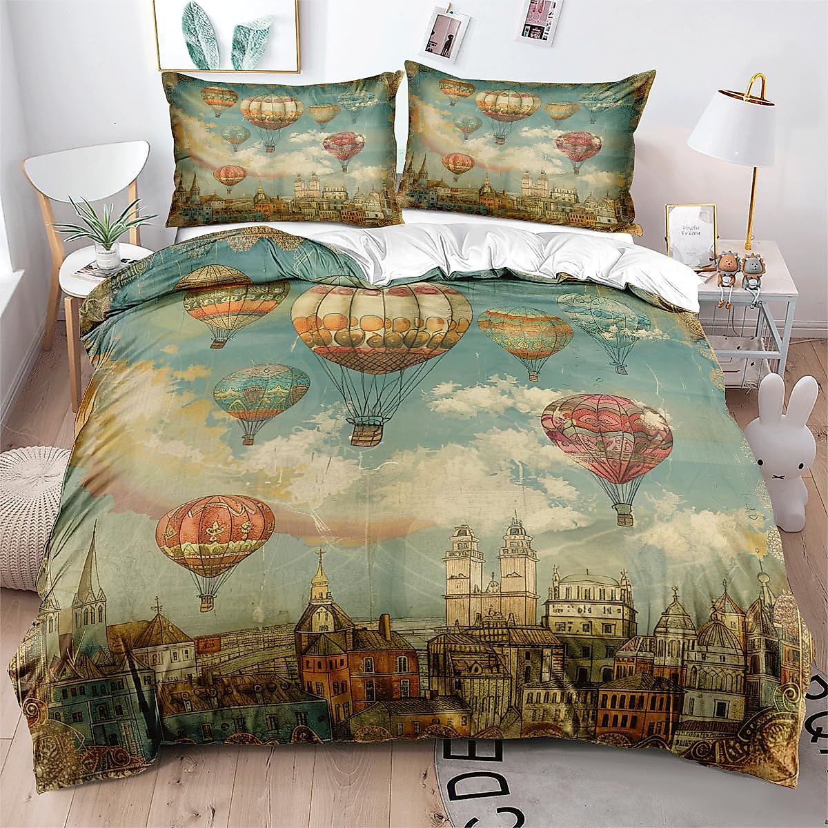 Ydtwnyq Hot Air Balloons Duvet Cover Set Hand Painted Style Floating Hot Air Balloons Print Bedding Set Decorative 3 Piece Quilt Set with 2 Pillow Shams Queen Size Olive Green
