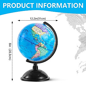 KISEER 8 Inch World Globe with Stand Rotating Earth Spinning Globe for Kids Geography Classroom Education or Decorations (Blue)