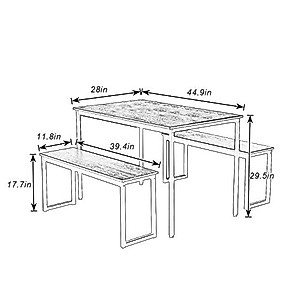 soges Kitchen Table Set with 2 Benches, Bench Dining Table Set for 4, 3 Piece Dining Room Table and Long Benches, Breakfast Table Coffee Table Set, Industrial Style Wooden Kitchen and Dining Room Set