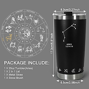 sweet grain 20oz Coffee Tumbler - Stainless Steel Double Wall Insulated Constellation Tumbler with Lid and Straw, Personalized Zodiac Gifts for Birthday/Bachelor Party - Aries