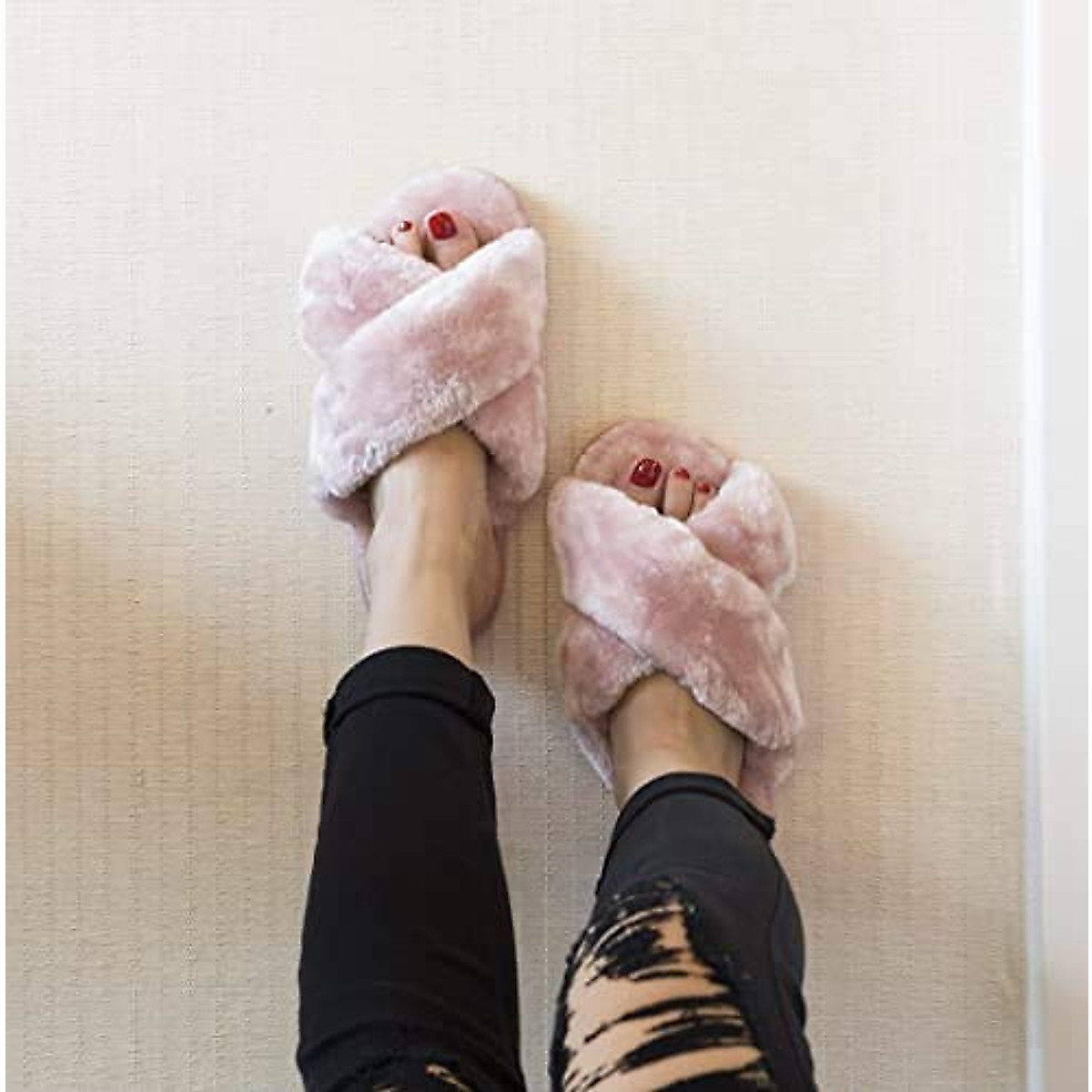 Crazy Lady Women's Slippers Fuzzy Fluffy Memory Foam House Shoes Cross Band Indoor and Outdoor (06/Pink, 7-8)