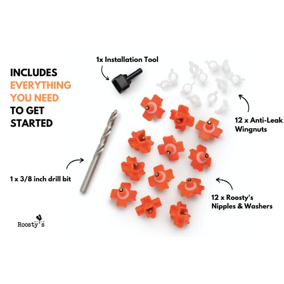Roosty's® DIY Chicken Waterer Kit x12 - Horizontal Chicken Waterer Nipples, Easy Installation Chicken Watering System, Chicken Water Feeder, Chicken Nipples, Automatic Poultry Waterer with Drill Bits