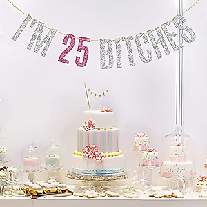Glitter I'm 25 Bitches Banner Happy 25th Birthday Banner 25th Anniversary Girl's 25th Birthday Party Decorations Silver & Pink