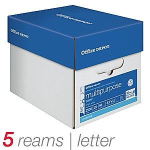 Office Depot® Multi-Use Printer & Copy Paper, White, Letter (8.5" x 11"), 2500 Sheets Per Case, 20 Lb, 96 Brightness, 58
