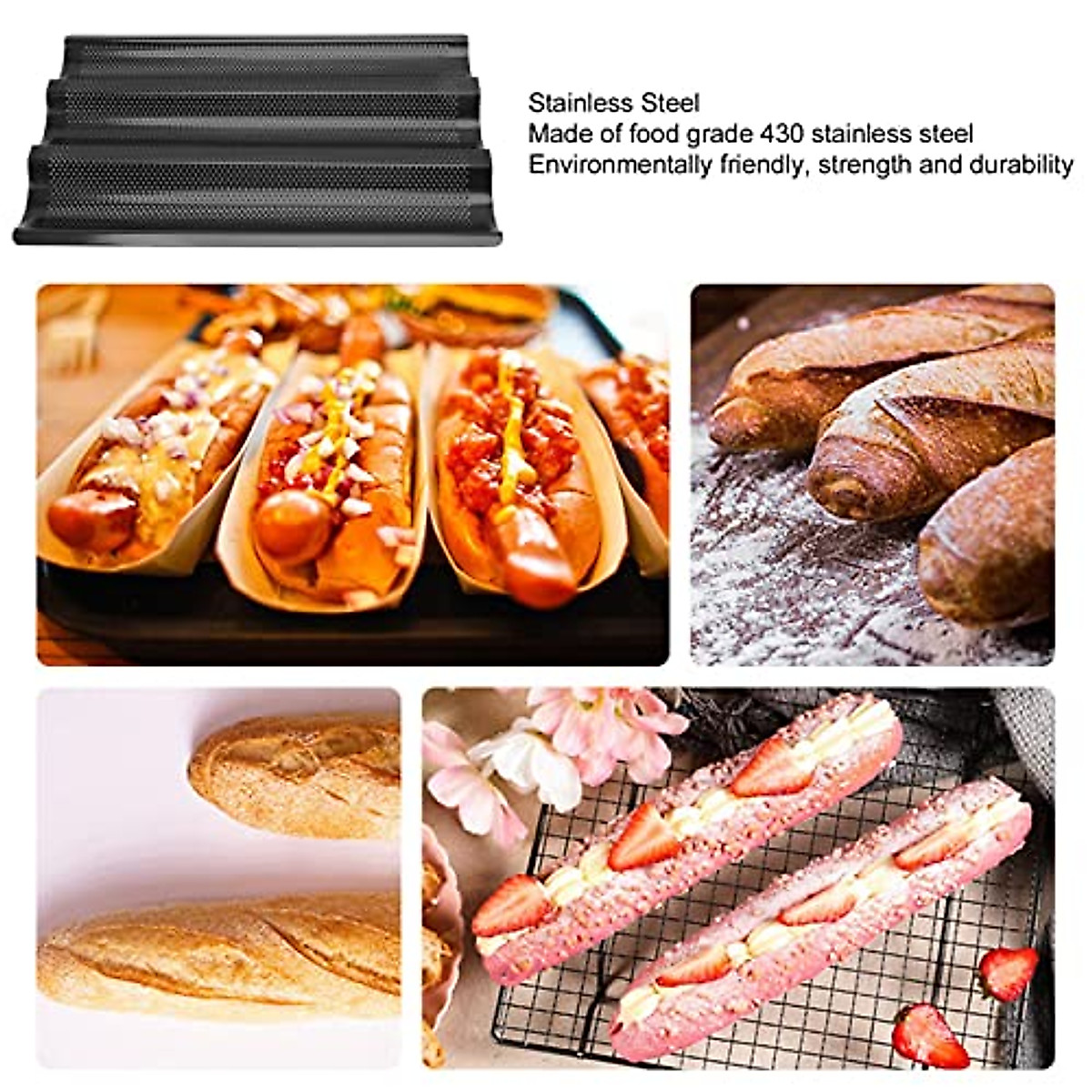 3 Slots French Baguette Pan for Baking Supplies, Black, Stainless Steel U Perforated Design Bread Baking Pan, Uniform Heating Oven Toaster Pan