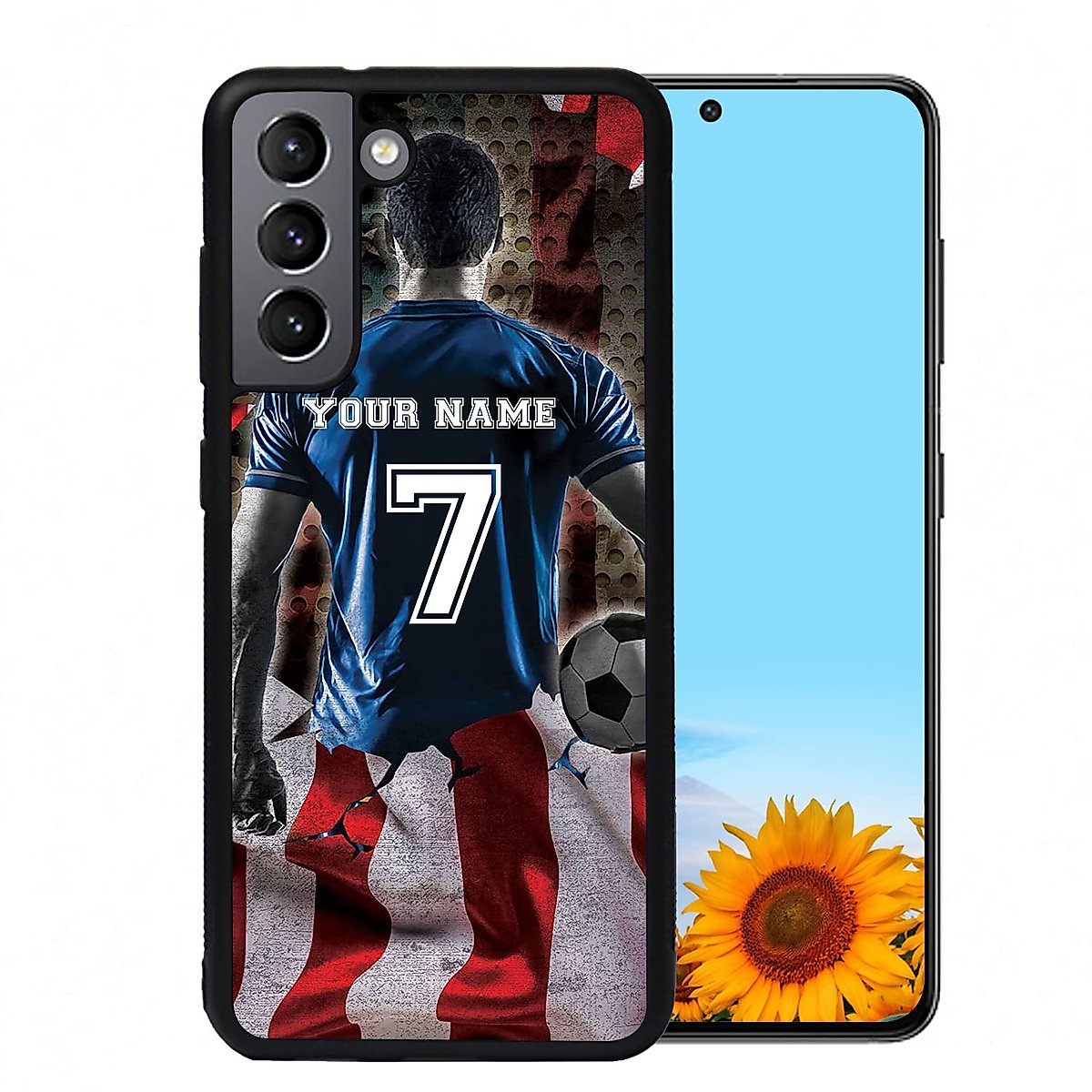 Personalized Soccer Football Player Name Number America Flag Design Rubber Cover Phone Case for Samsung Galaxy A15/A25/A14A53 5G/A03S/A02S/A10E/A12/A13/A32/A33/A42/A51/A52/A71 Custom Soccer Phone Case
