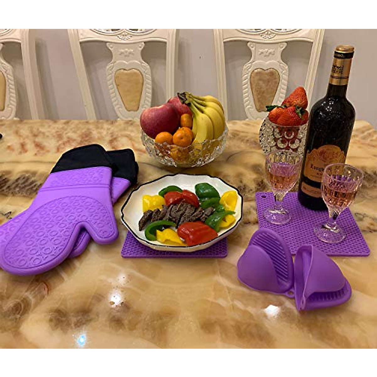 Silicone Oven Mitts and Pot Holders Set, MTZRFLL Extra Long Heat Resistant Oven Gloves with Hot Pads and Mini Oven Mittens for Grilling, Kitchen Cooking Baking, Soft Quilted Lining, Pack of 6 (purple)
