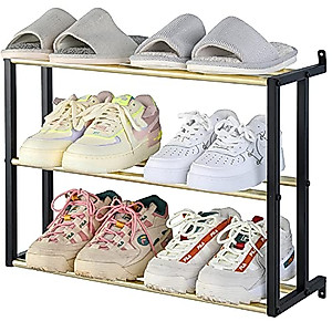 MyGift 3 Tier Wall Mounted Modern Minimalist Black and Brass Tone Metal Shoe Rack, Hanging Shoes Organizer Shelf for Closet, Mudroom, Entryway, Holds 6 Pairs