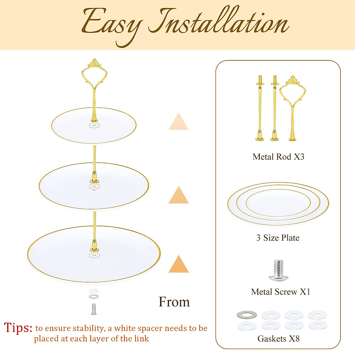 8PCS Cake Stand Set, Plastic Cupcake Stands with Gold Rim, 2PCS 3-Tired Cupcake Stands with 6PCS Serving Trays, Dessert Display Stands Set for Wedding Birthday Party Baby Shower,Tea Party Decorations