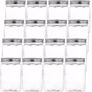 Bekith 16 Pack Clear Plastic Jars With Screw On Lids, 16 OZ Airtight Containers for Food Storage, Refillable Square Empty Plastic Storage Jars for Dry Food, Peanut Butter, Honey, BPA Free