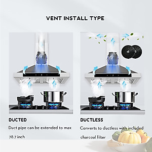 FIREGAS Wall Mount Range Hood 30 in. With 450 CFM Brushless DC Motor,9 Speed Exhaust Fan,LED Light,Soft Touch Control,Buffle Filter, Charcoal Filter included for Ducted/Ductless Range Hood Convertible