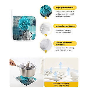 4 Pack Pot Holders for Kitchen,Blue Green Gradient Teal Turquoise Dahlia Floral Heat Proof Potholder Hot Pads Trivet,Flower Abstract Art Oil Painting Washable Coaster Potholders for Cooking Baking