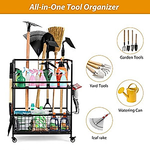 HEOMU Garden Tool Organizer for Garage, Garden Tool Rack Tool Organizers and Storage, Yard Tool Organizer for Garage, Shed, Outdoor, Garden Broom Holder, Black