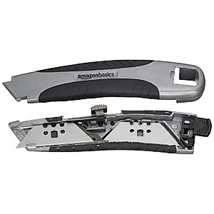Amazon Basics Soft Grip Retractable Utility Knife with 3 Blades, Black/Silver