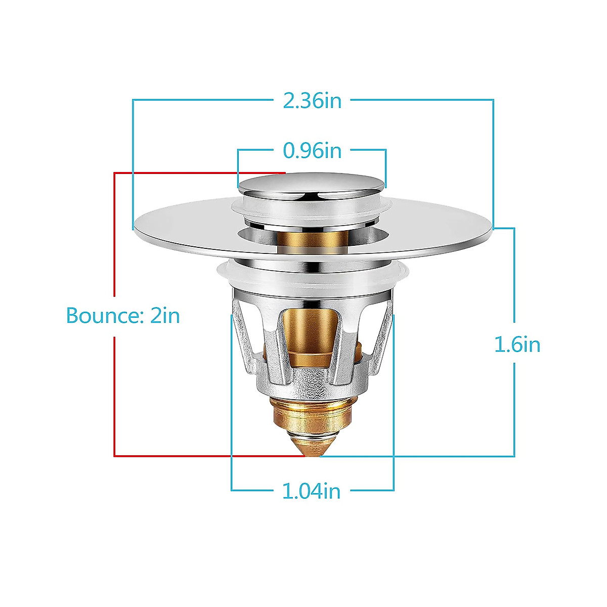 Universal Bathroom Sink Stopper in Brass, 1.04-1.97 Inch Pop Up Basin Sink Drain Stopper, Sink Drain Strainer with Anti Clogging Filter Hair Catcher