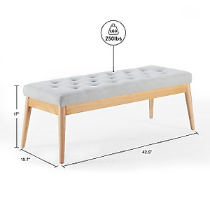 Kingfun Extra-Long Upholstered Tufted Bed Bench Seat for Bedroom, Entryway Wood Bench with Sturdy Wooden Legs, Buttoned Vanity Rectangle Dining Bench (Grey)