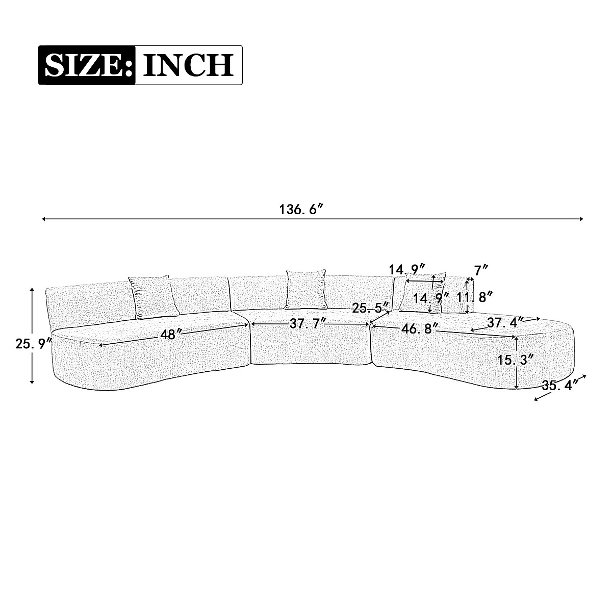 Merax Stylish Curved Sectional Sofa with Three Throw Pillows, Chenille Upholstered Modular Sleeper Couch for Living Room, Bedroom, Guest Rooms, No Assembly Required, Grey