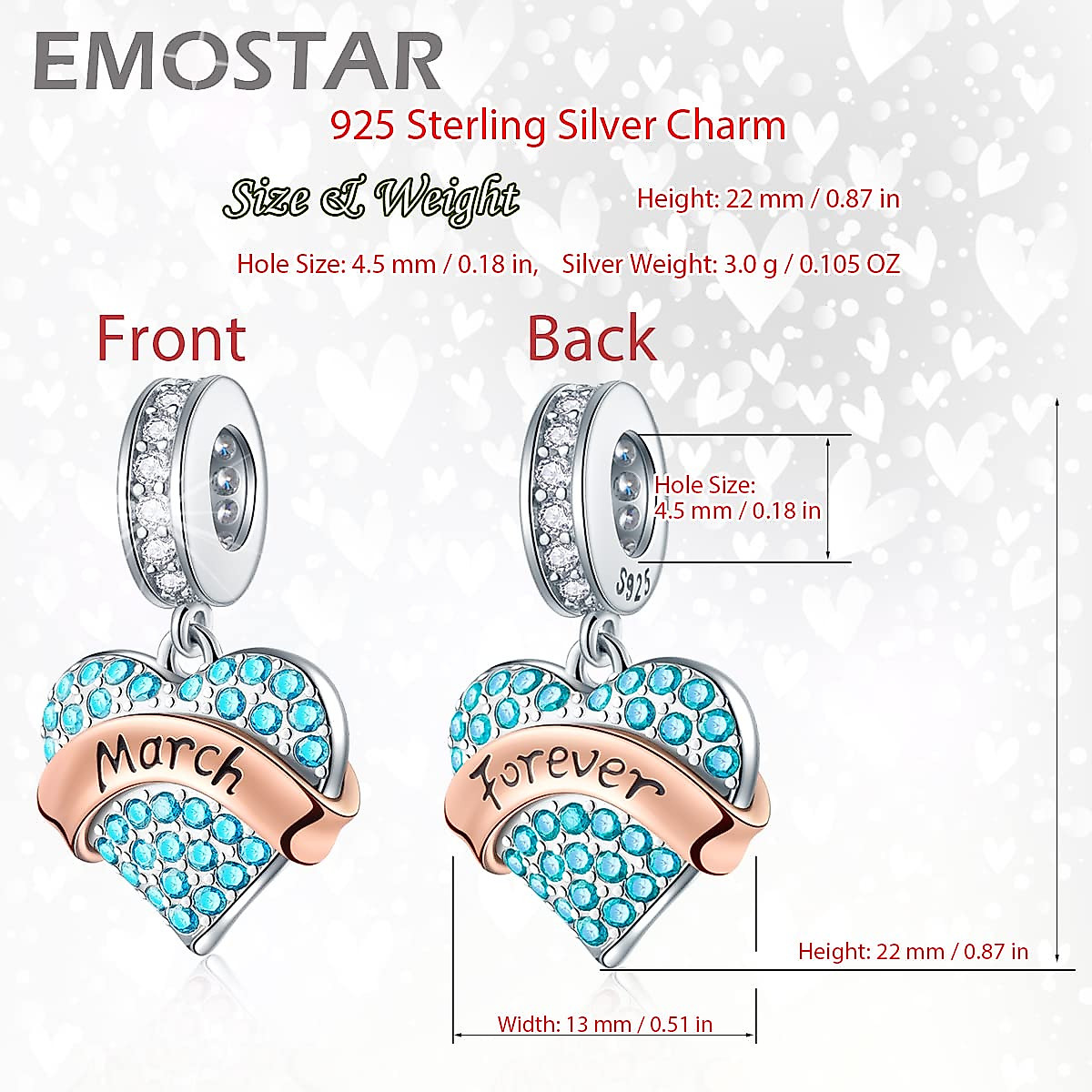 March Birthstone Charms fits Pandora Style Bracelet, Sparkling Pave Heart Aquamarine CZ Forever Love Pendant in 925 Sterling Silver, Gifts for Christmas/Mothers/Valentines Day