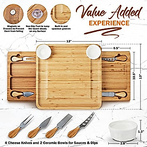 Large Charcuterie Board Set with 4x Cheese Knives, 2x Ceramic Bowls - 13x 13 Inch Bamboo Charcuterie Boards - Magnet Drawers - Bachelor Party Gift, Anniversary, Wedding Gifts for Couples - Wine It Now