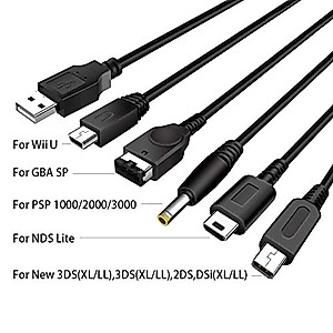 5 in 1 USB Charger Cable for Nintendo DS Lite/ Wii U/ New 3DS (XL/LL), 3DS (XL/LL), 2DS, DSi (XL/LL) ,NDS/Gameboy Advance SP, PSP 1000 2000 3000, Multi-Functional USB Charging Cord with Cable Tie