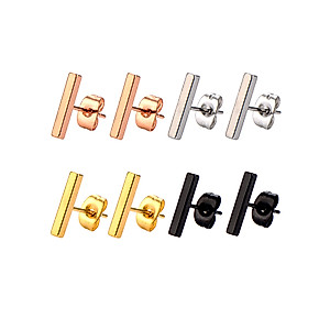Mudder 4 Pairs Stud Earrings Stainless Steel Line Stick Stud Earring Rectangle Bar Stud for Men and Women, 4 Colors