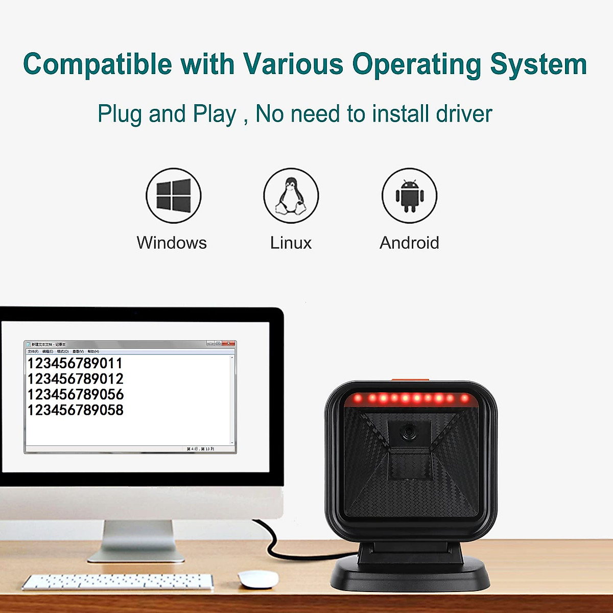 OBZ 1D 2D Desktop Barcode Scanner, QR Code Scanner USB Wired Hands-Free Barcode Scanner Omnidirectional Automatic Cash Register Scanner with Large Scan Window for POS PC, Store, Supermarket
