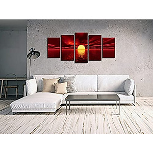 Wieco Art Red Sun Canvas Prints Wall Art Ocean Sea Beach Pictures Paintings Ready to Hang for Living Room Bedroom Home Decorations Modern 5 Piece Stretched and Framed Grace Landscape Giclee Artwork
