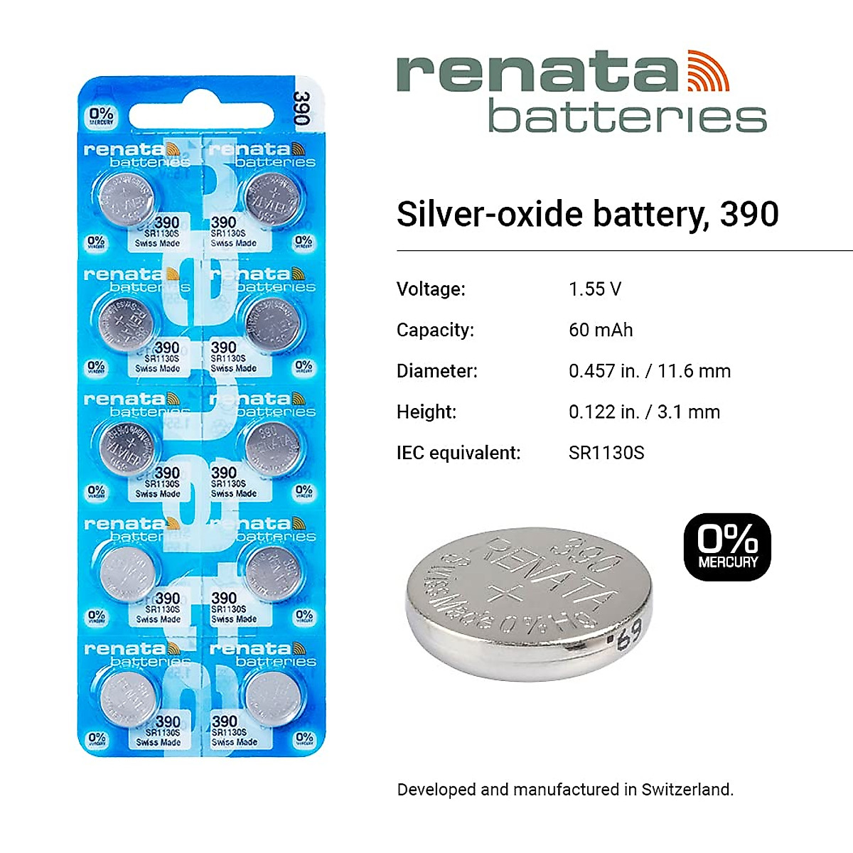 Renata 390 Silver Oxide 1.55v Watch Battery (Sr1130Sw)