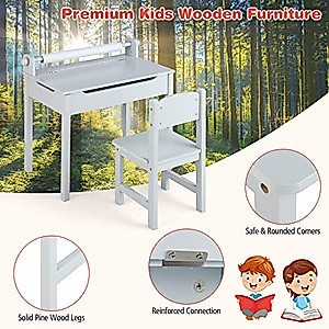 INFANS Kids Table and Chair Set with Paper Roll, Wooden Lift-top Desk for Toddler Writing Drawing Reading Craft Art, Children Furniture Activity Table Set for Nursery Daycare Playroom (Grey)