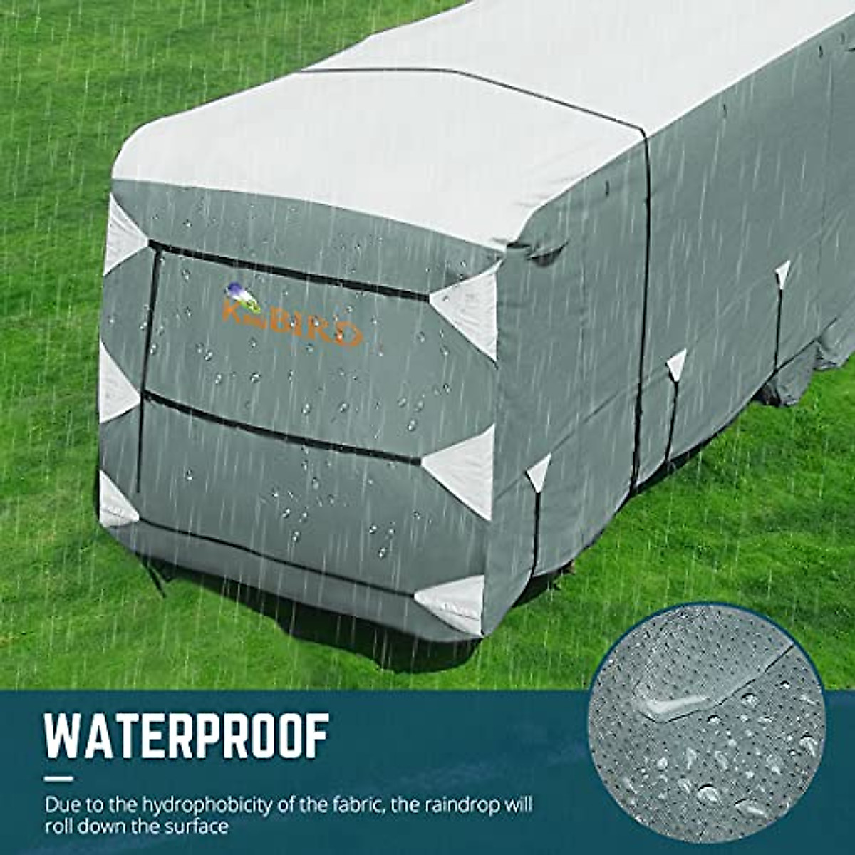 KING BIRD Upgraded Class A RV Cover, Extra-Thick 5 Layers Anti-UV Top Panel, Durable Camper Cover, Fits 33'- 37' Motorhome -Breathable, Water-Proof, Rip-Stop with 2Pcs Extra Straps & 4 Tire Cover