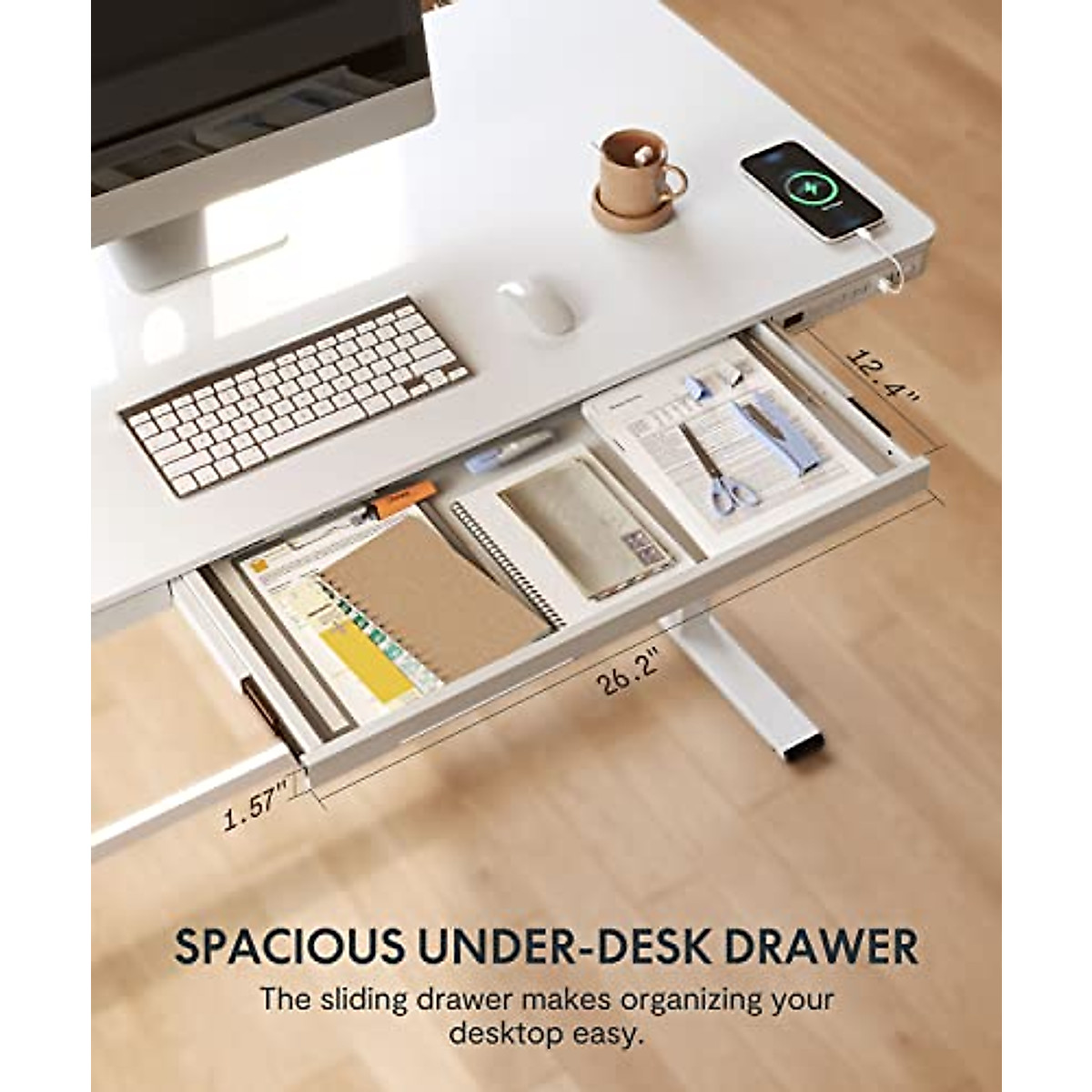 FLEXISPOT 55" White Electric Standing Desk with Drawers, Quick Assembly Home Office Sit Stand Desk with Storage, USB Charging, Computer Desk for Home Office (White Top + Adjustable Frame, Comhar)