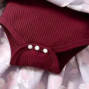 OPAWO Newborn Infant Baby Girl Dress Ribbed Bodysuit Romper Dress Long Sleeve Floral Girl Dresses Fall Winter Clothes(Burgundy,3-6 Months)