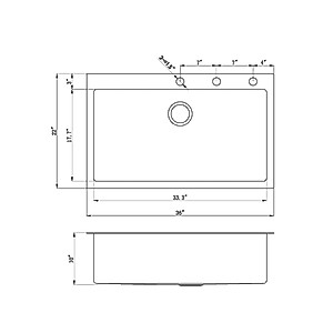 CozyBlock 36 Inches 16-Gauge Stainless Steel Topmount Drop-in Single Bowl Kitchen Sink in Brushed Stainless Steel Finish with Strainer