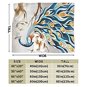 Flannel Fleece Blanket Printed Soft and Fluffy Warm Comfortable Foldrable Sherpa Throw Blanket,Beautiful Peacock and Flowers Gifts for Kids Women and Adults, Used for Sofa Bed Travel Camping