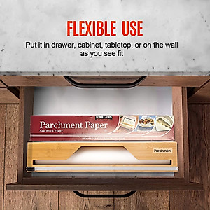 Libreshine Long Foil and Plastic Wrap Organizer with Cutter, Holder for 15 Inch Parchment Paper Roll, Bamboo Wall Mount Kitchen Wrap Dispenser